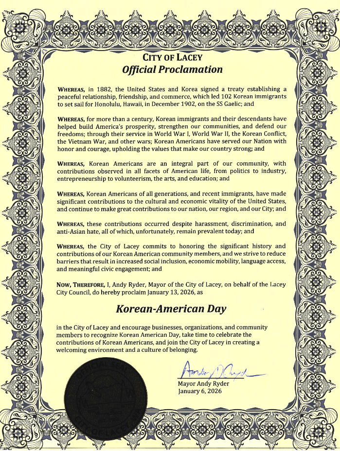 Lacey declares Jan. 13 as Korean American Day